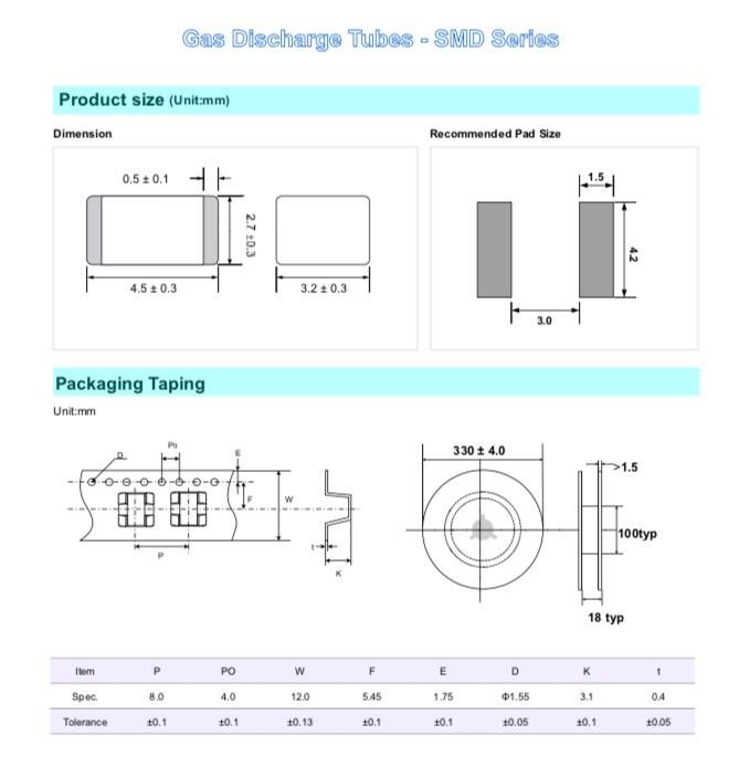 Micro Gap GDT Protection 4.5mm*3.2mm For Telecommunications